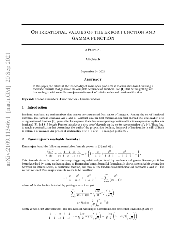 (PDF) On irrational values of the error function and gamma function