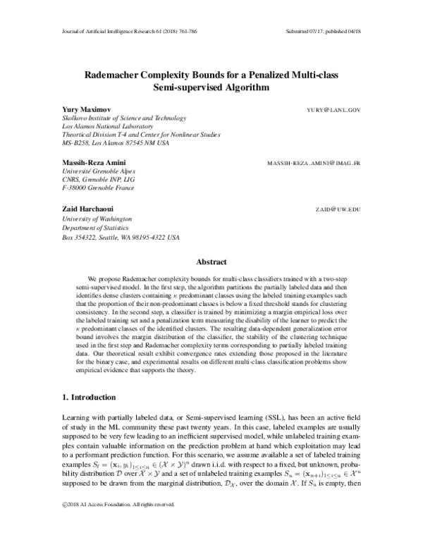 (PDF) Rademacher Complexity Bounds for a Penalized Multi-class Semi-supervised Algorithm