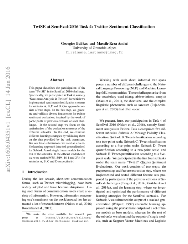 (PDF) TwiSE at SemEval-2016 Task 4: Twitter Sentiment Classification