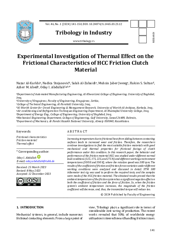 Pdf Experimental Investigation Of Thermal Effect On The Frictional Characteristics Of Hcc