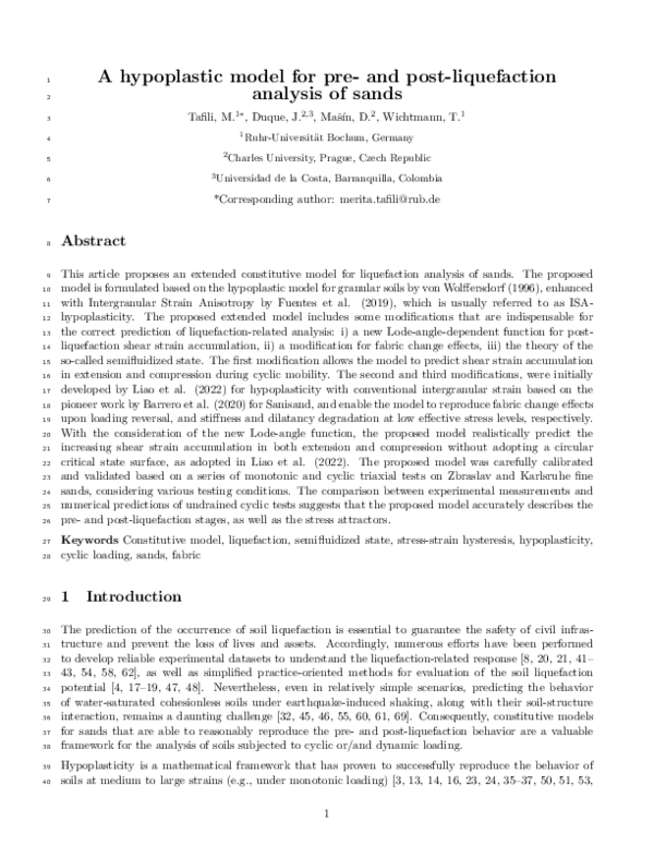 (PDF) A hypoplastic model for pre- and post-liquefaction analysis of sands