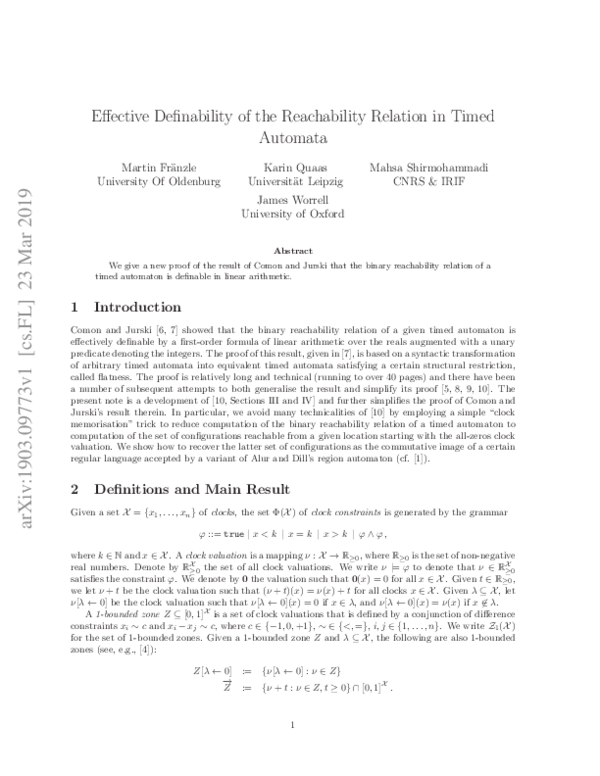 (PDF) Effective Definability of the Reachability Relation in Timed Automata