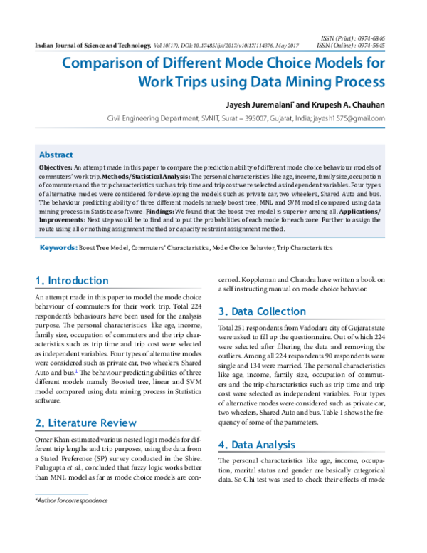 (PDF) Comparison of Different Mode Choice Models for Work Trips using ...