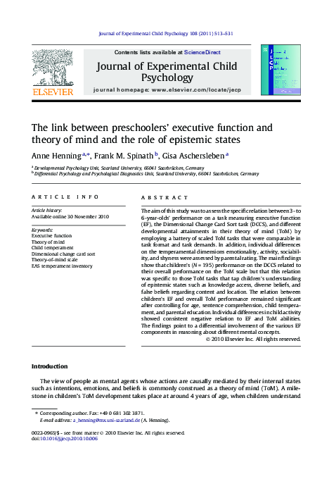 (PDF) The link between preschoolers’ executive function and theory of mind and the role of ...