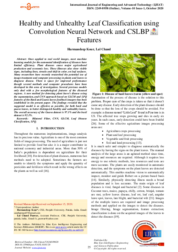 (PDF) Healthy and Unhealthy Leaf Classification using Convolution Neural Network and CSLBP Features
