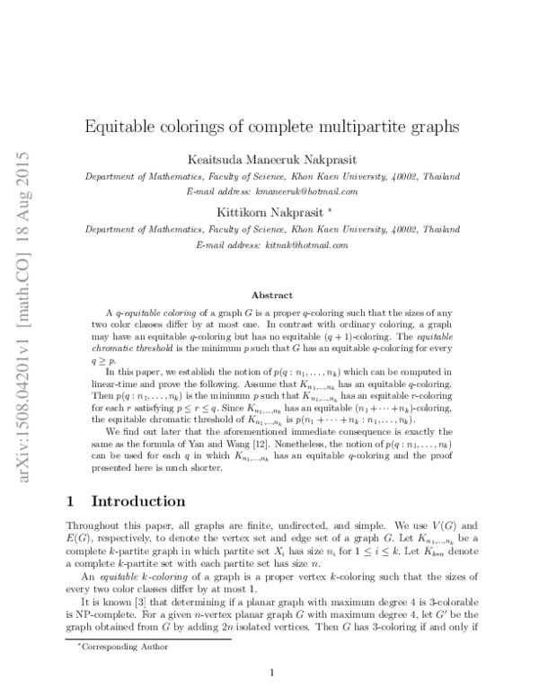 (PDF) Equitable colorings of complete multipartite graphs