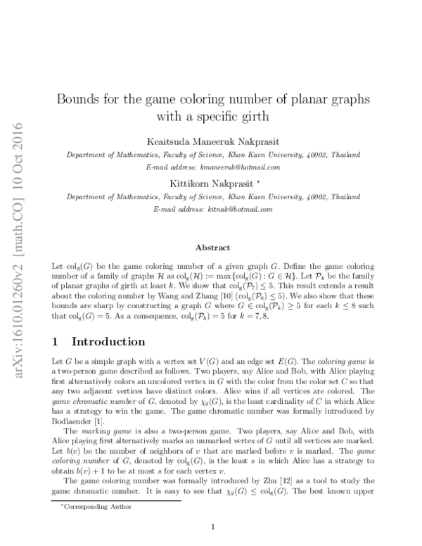 (PDF) Bounds for the game coloring number of planar graphs with a ...