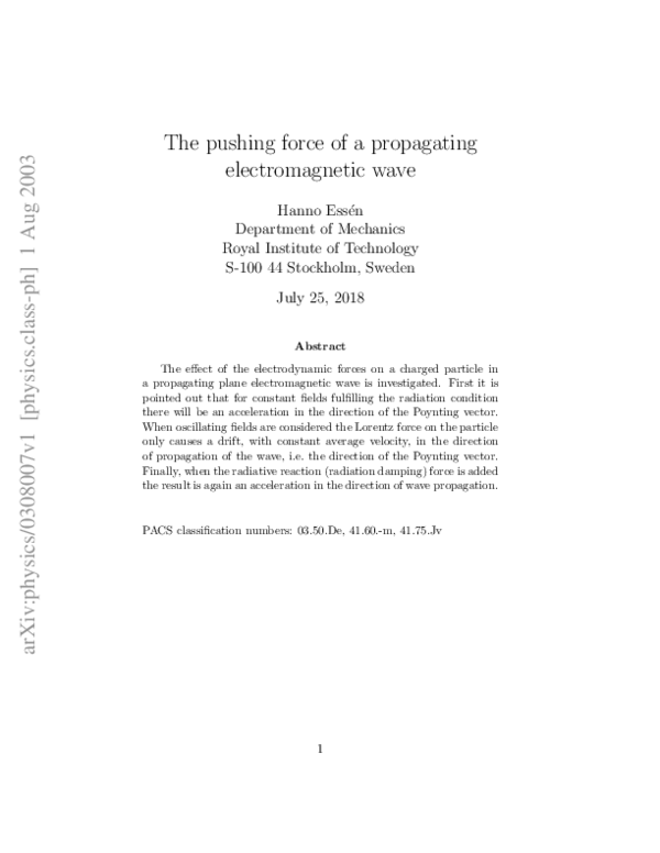 (PDF) The pushing force of a propagating electromagnetic wave