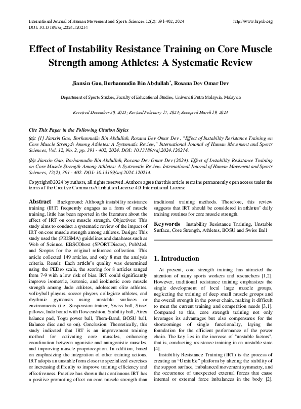 (PDF) Effect of Instability Resistance Training on Core Muscle Strength ...