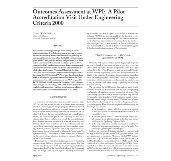 (PDF) Outcomes Assessment at WPI: A Pilot Accreditation Visit Under ...