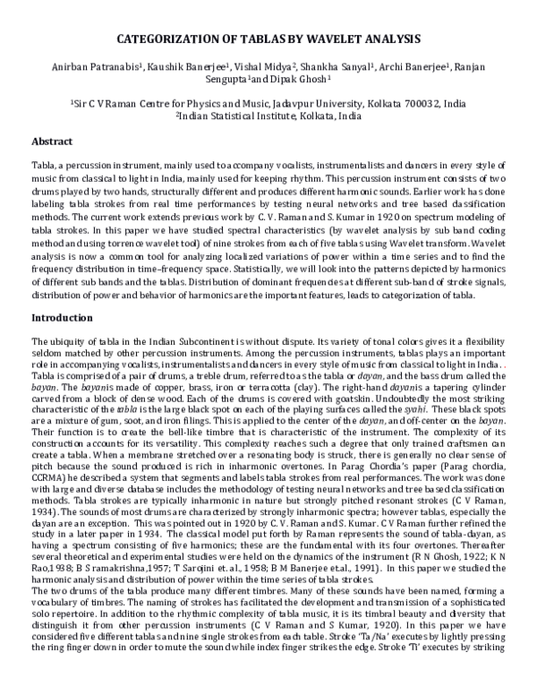 (PDF) Categorization of Tablas by Wavelet Analysis