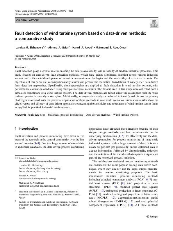 (PDF) Fault detection of wind turbine system based on data-driven methods: a comparative study