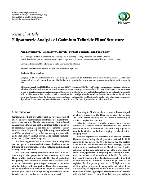 (PDF) Ellipsometric Analysis of Cadmium Telluride Films’ Structure