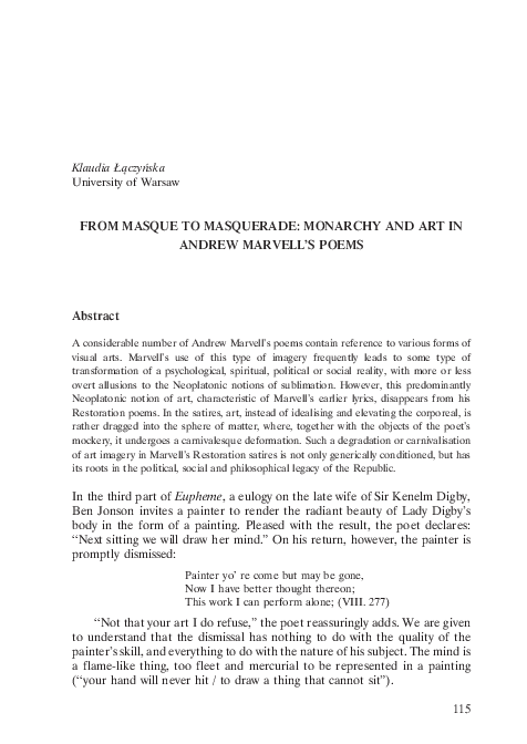 (PDF) From Masque to Masquerade: Monarchy and Art in Andrew Marvell’s Poems