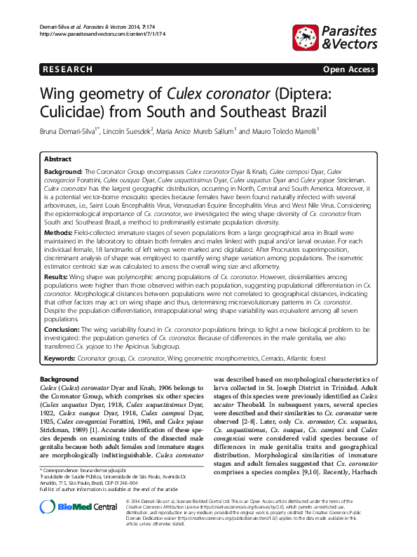 (PDF) Wing geometry of Culex coronator (Diptera: Culicidae) from South ...