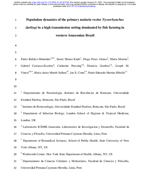 (PDF) Population dynamics of the primary malaria vector Nyssorhynchus darlingi in a high ...