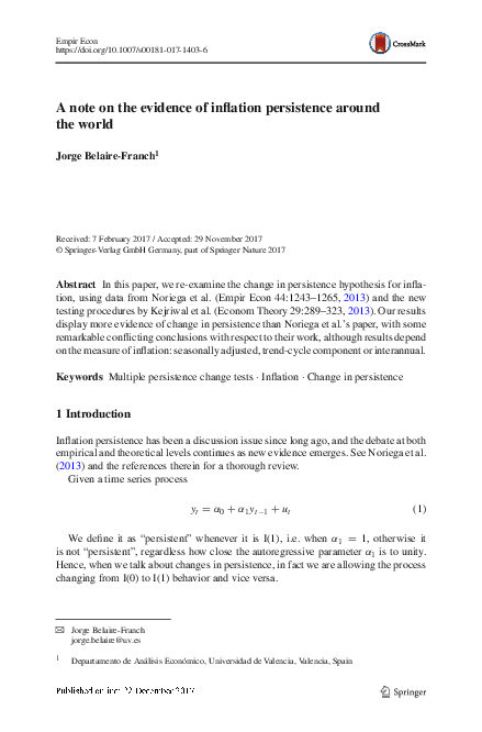 (PDF) A note on the evidence of inflation persistence around the world | Jorge Belaire-franch ...