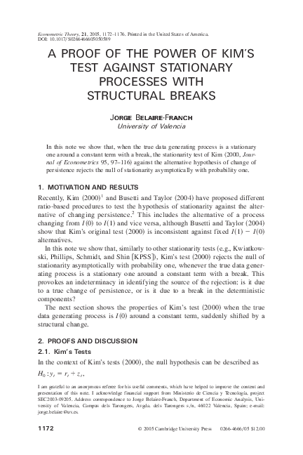 (PDF) A Proof of the Power of Kim's Test Against Stationary Processes ...