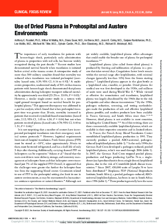 (PDF) Use of Dried Plasma in Prehospital and Austere Environments