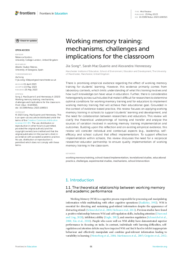 (PDF) Working memory training: mechanisms, challenges and implications for the classroom