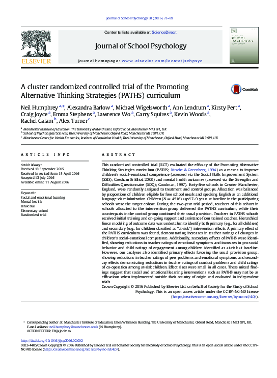 (PDF) A cluster randomized controlled trial of the Promoting Alternative Thinking Strategies ...