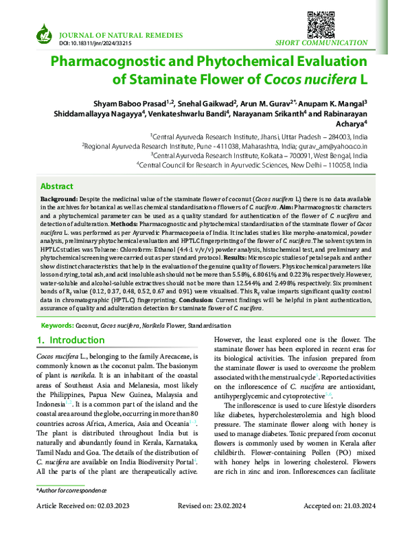 (PDF) Pharmacognostic and Phytochemical Evaluation of Staminate Flower of Cocos nucifera L