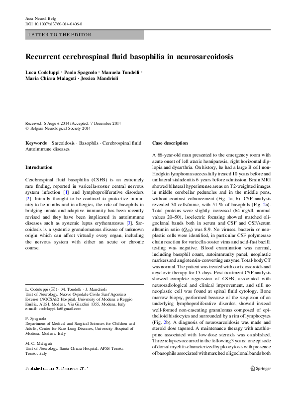 (PDF) Recurrent cerebrospinal fluid basophilia in neurosarcoidosis | Manuela Tondelli - Academia.edu