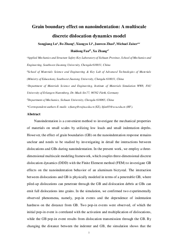 Pdf Grain Boundary Effect On Nanoindentation A Multiscale Discrete Dislocation Dynamics Model