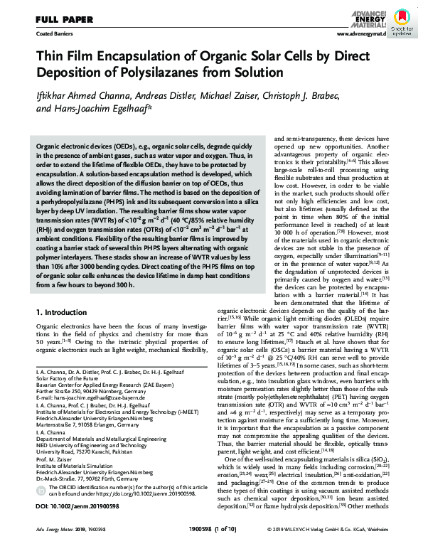 (PDF) Thin Film Encapsulation of Organic Solar Cells by Direct ...