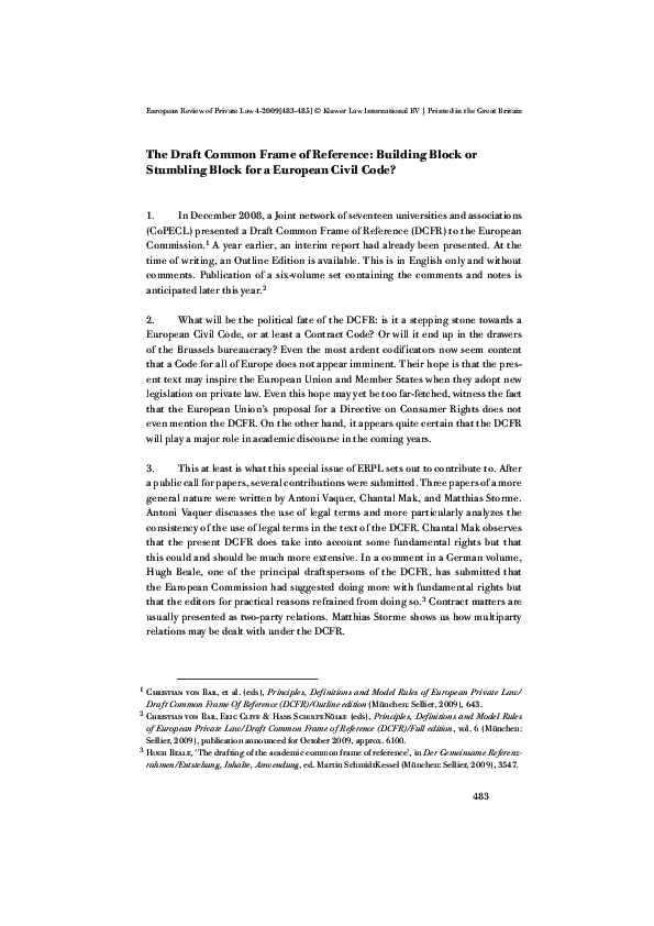 (PDF) The Draft Common Frame of Reference: Building Block or Stumbling ...
