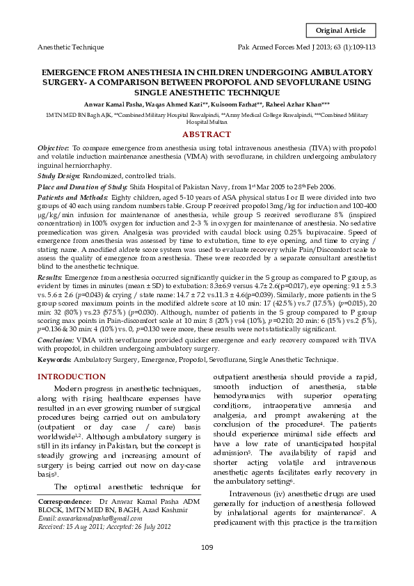 (PDF) Emergence from Anesthesia in Children Undergoing Ambulatory ...