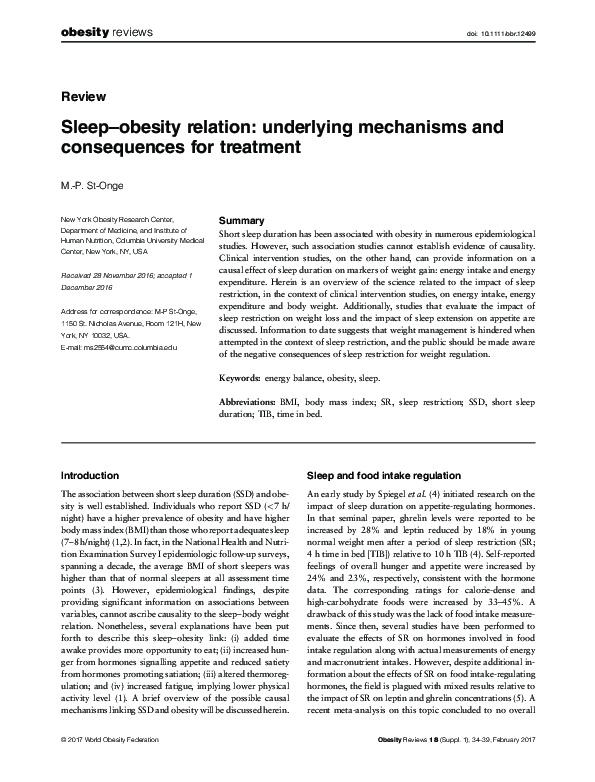 (PDF) Sleep–obesity relation: underlying mechanisms and consequences ...
