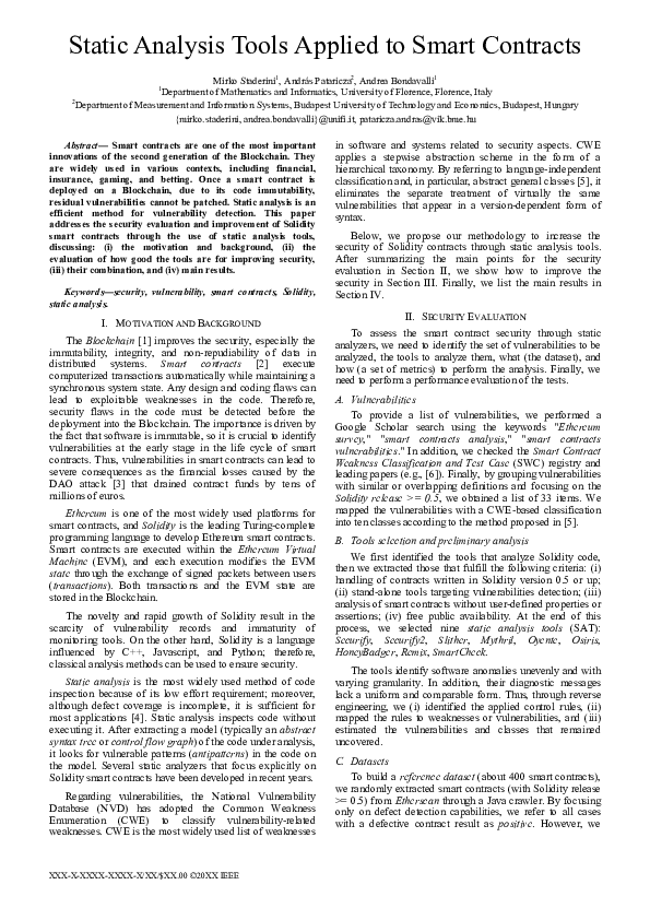(PDF) Static Analysis Tools Applied to Smart Contracts