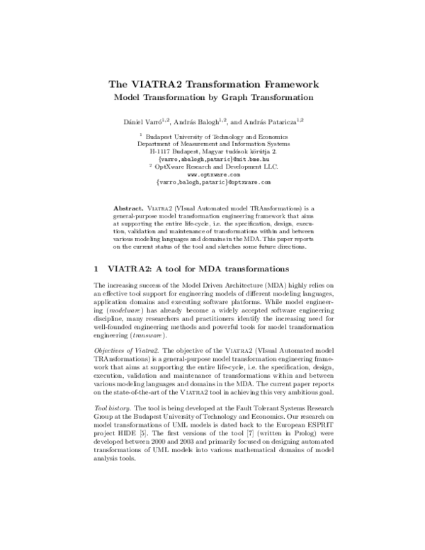 (PDF) The VIATRA2 Transformation Framework Model Transformation by Graph Transformation