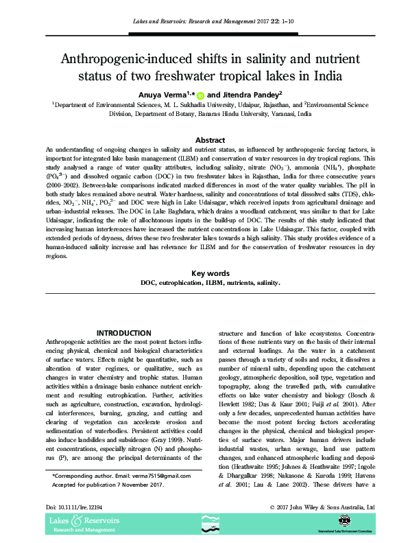 (PDF) Anthropogenic‐induced shifts in salinity and nutrient status of ...
