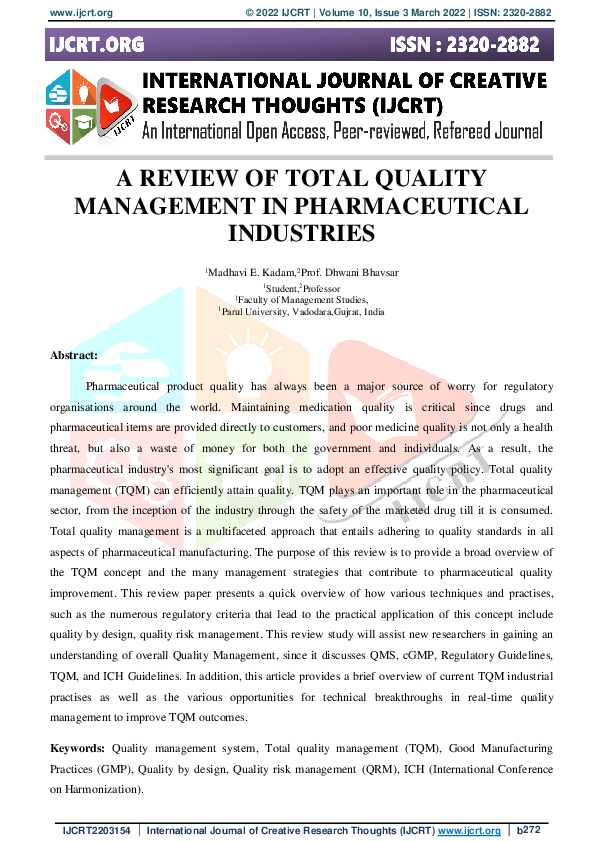 (PDF) A Review of Total Quality Management in Pharmaceutical Industries