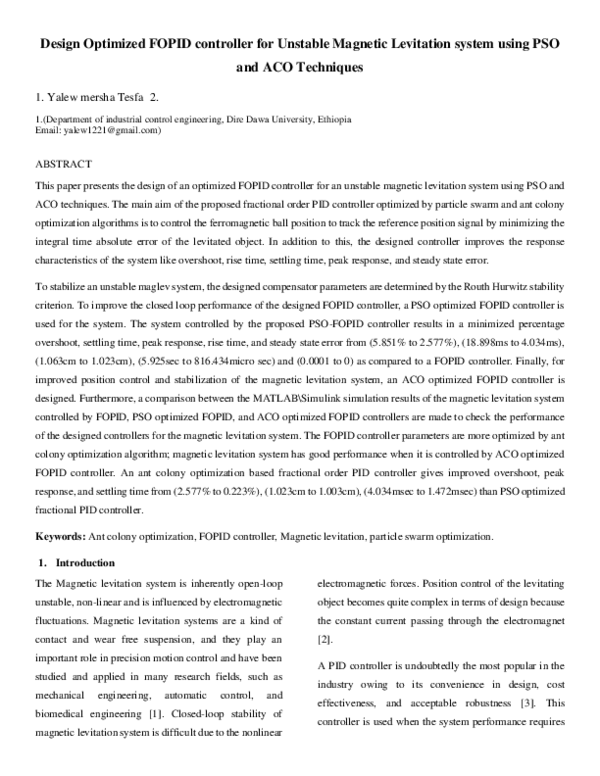 (PDF) Design Optimized FOPID controller for Unstable Magnetic Levitation system using PSO and ...