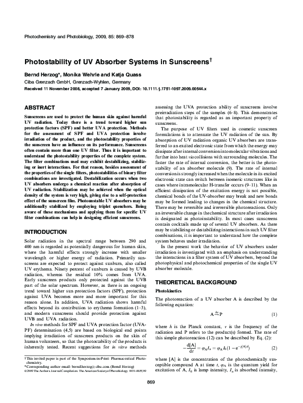 (PDF) Photostability of UV Absorber Systems in Sunscreens†