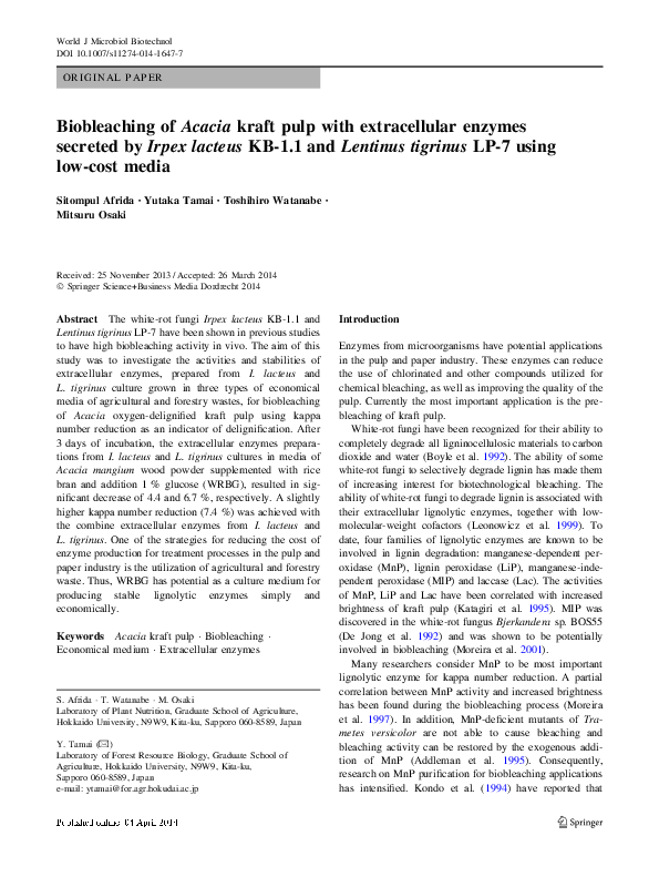 (PDF) Biobleaching of Acacia kraft pulp with extracellular enzymes secreted by Irpex lacteus KB ...