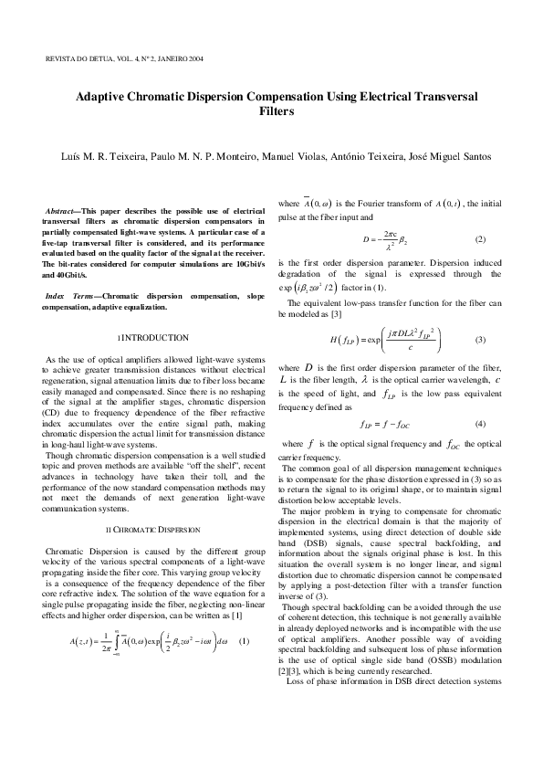Pdf Adaptive Chromatic Dispersion Compensation Using Electrical Transversal Filters A