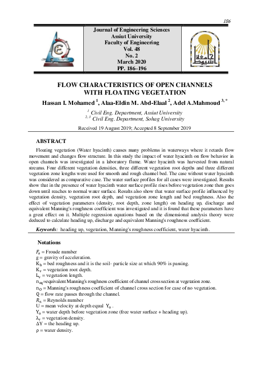 (PDF) Flow Characteristics of Open Channels with Floating Vegetation