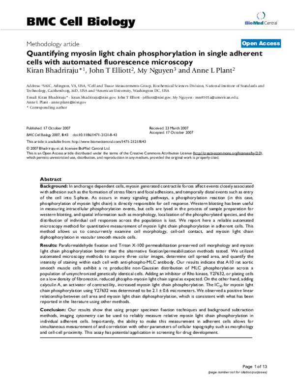 (PDF) Quantifying myosin light chain phosphorylation in single adherent cells with automated ...