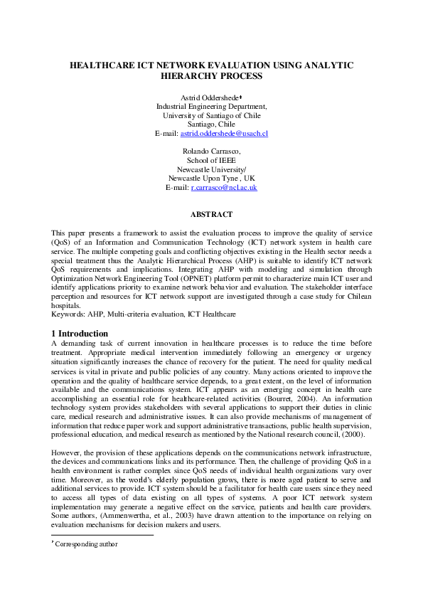 (PDF) Healthcare Ict Network Evaluation Using Analytic Hierarchy Process