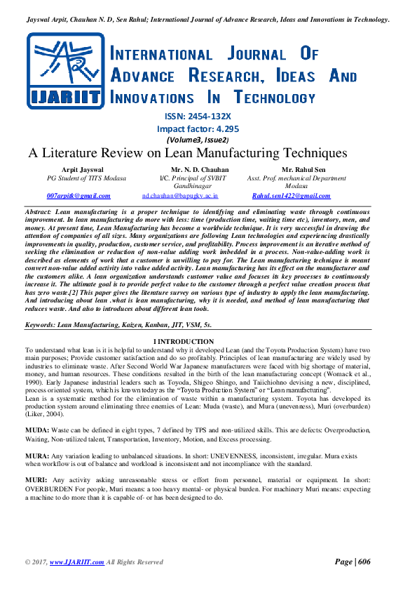 (PDF) ISSN: 2454-132X Impact factor: 4.295 A Literature Review on Lean Manufacturing Techniques