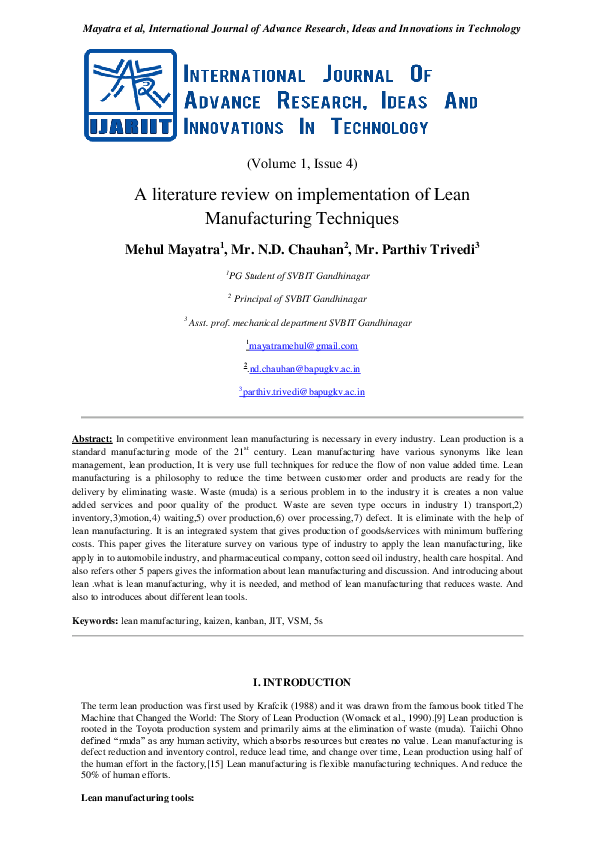 (PDF) Literature Review on Implementation of Lean Manufacturing Techniques