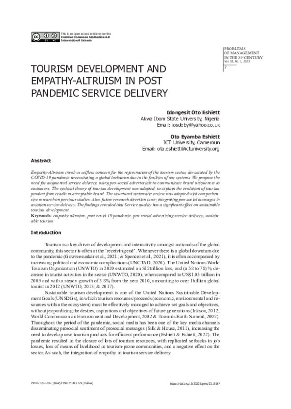 (PDF) Tourism Development and Empathy-Altruism in Post Pandemic Service ...