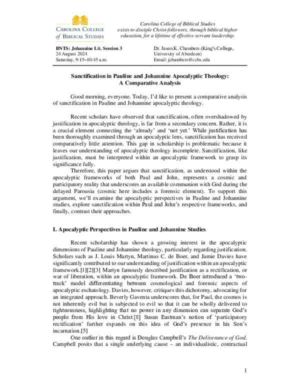 (PDF) Sanctification in Pauline and Johannine Apocalyptic Theology: A ...