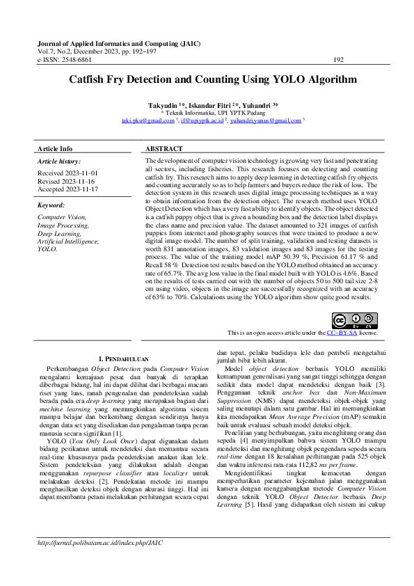 (PDF) Catfish Fry Detection and Counting Using YOLO Algorithm