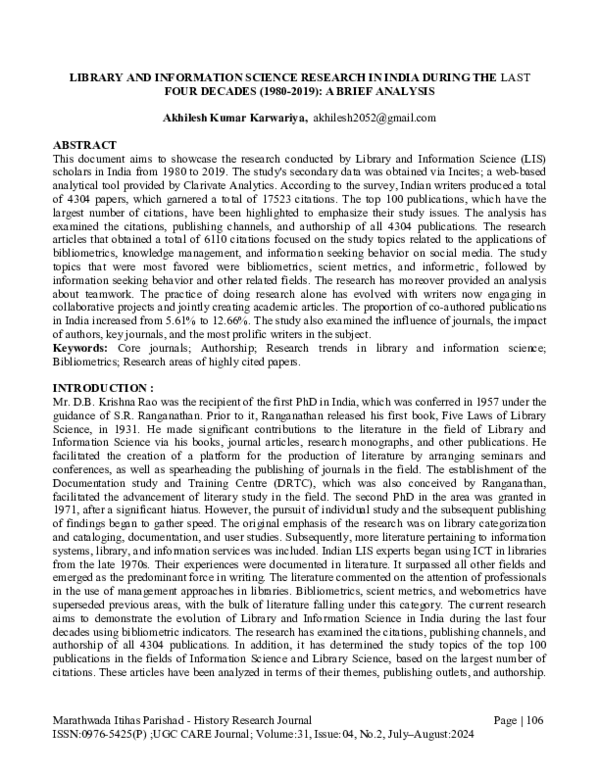 (PDF) LIBRARY AND INFORMATION SCIENCE RESEARCH IN INDIA DURING THE LAST ...