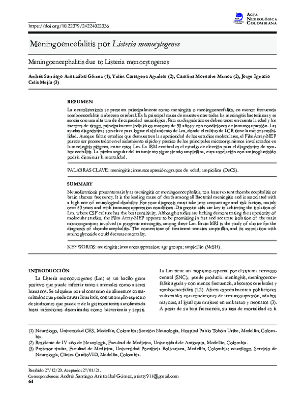(PDF) Meningoencefalitis por Listeria monocytogenes